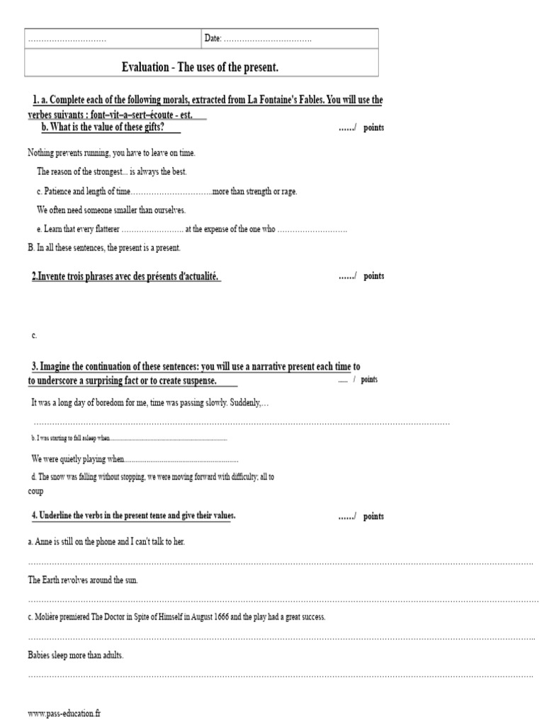 Present Tenses 6th Grade Evaluation | PDF