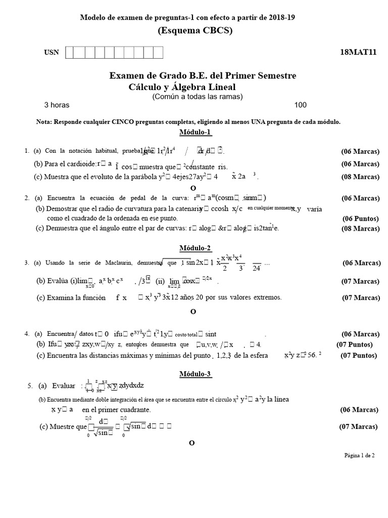 Prueba de Modelo de Cálculo y Álgebra Lineal | PDF | Ecuaciones | Valores propios y vectores propios