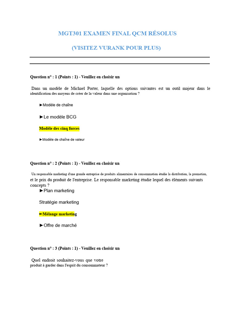 Fichier Des QCM Résolus Du Terme Final de Mgt301 | PDF ...