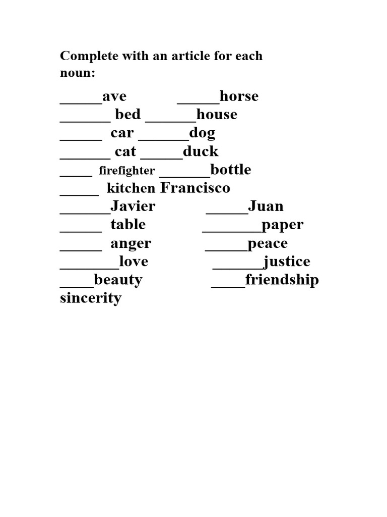 Complete With An Article For Each Noun. | PDF