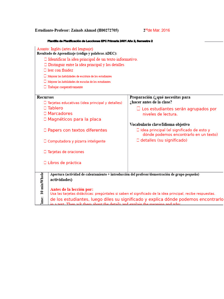 Plan de Lección 3: Idea Principal y Detalles | PDF | Modificación de ...