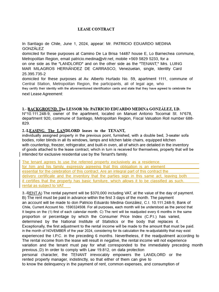 Furnished Lease Agreement Patricio Medina. Draft | PDF | Lease ...
