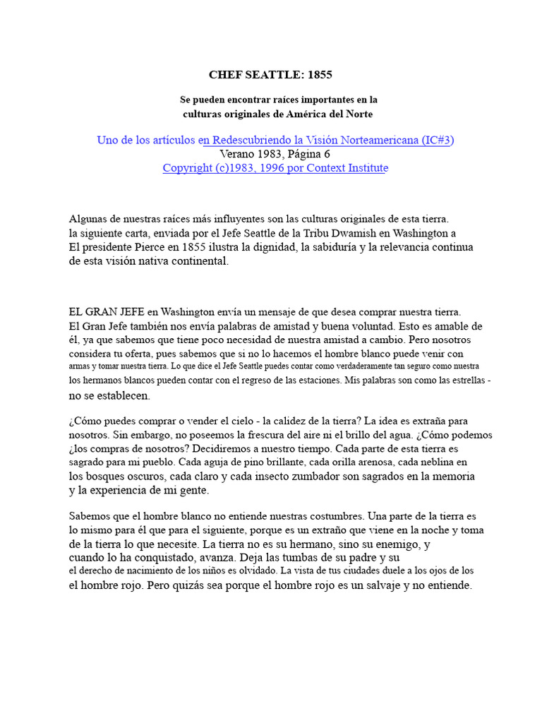 Carta Del Jefe Seattle Al Presidente Pierce | PDF