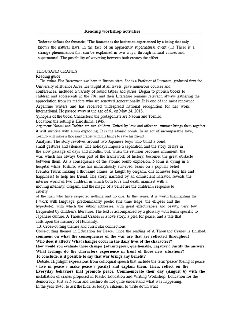 Reading workshop activities Thousand Cranes | PDF | Psychology