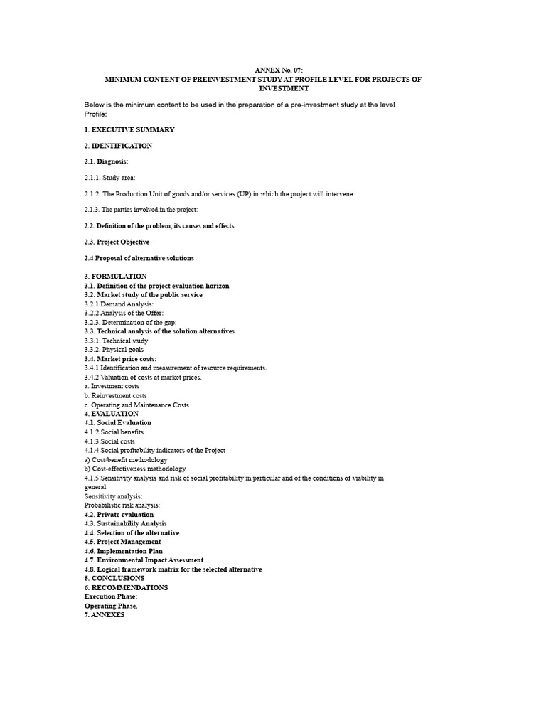 Minimum Content of The Pre-Investment Study at The Profile Level For ...