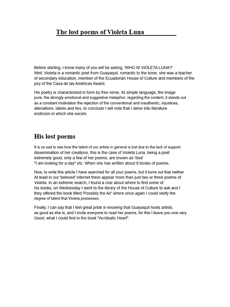The Lost Poems of Violeta Luna | PDF | Poetry