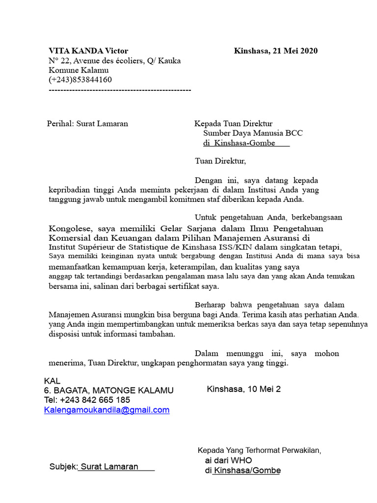 Surat Lamaran Pekerjaan di BCC dan WHO | PDF