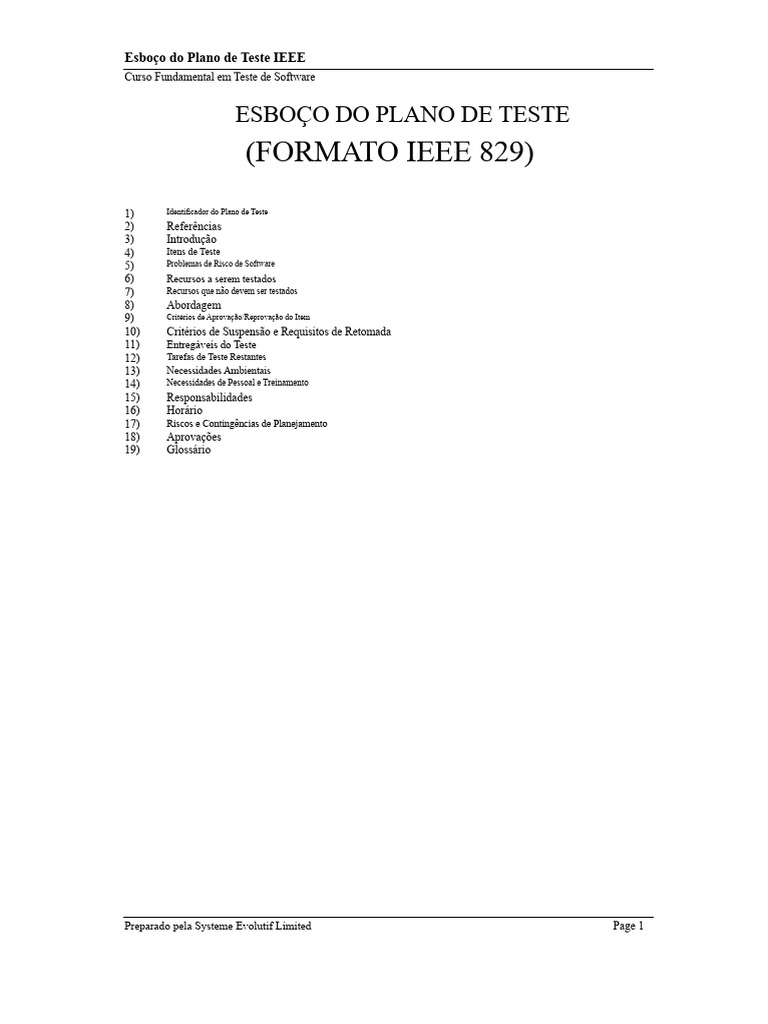 Esboço de Plano de Teste IEEE 829 | PDF | Testes de software | Programas