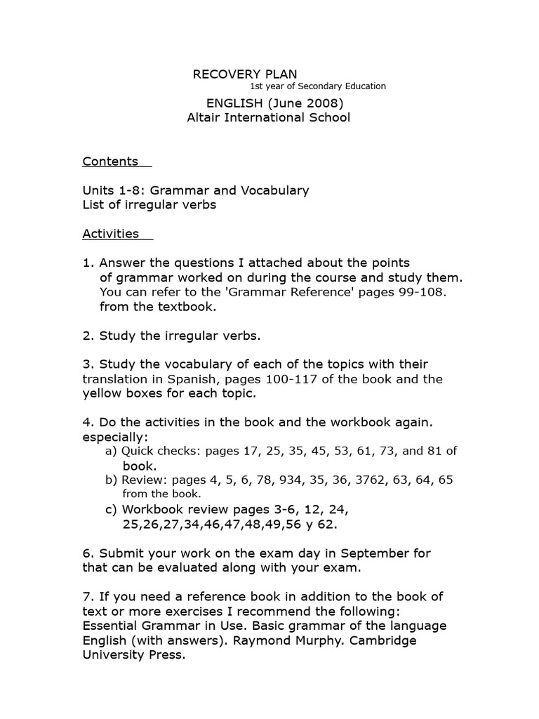 RECOVERY PLAN 1st Year of ESO | PDF | Linguistic Typology | Language ...