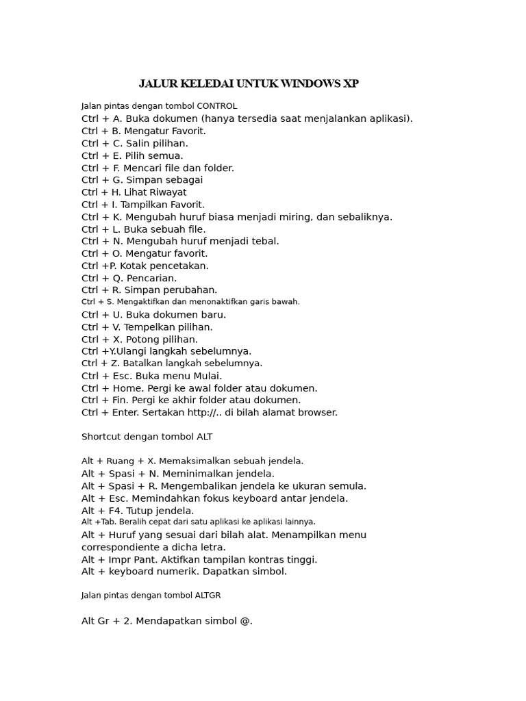 Pintasan Keyboard Untuk Windows XP | PDF
