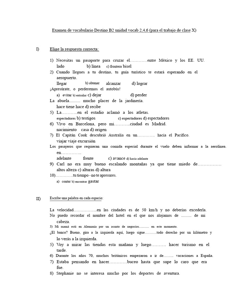 Prueba de Vocabulario Destino B2 Unidad Vocab 2 | PDF