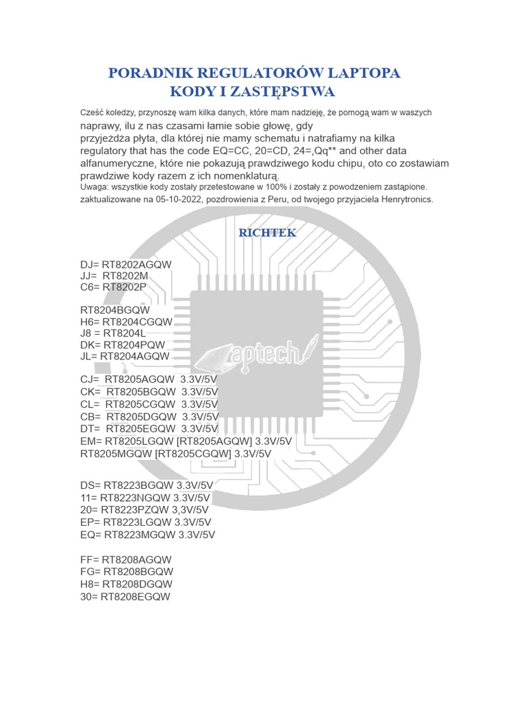 Regulatory Laptopy Kody I Zamienniki (Equivalent Ic Laptop) | PDF