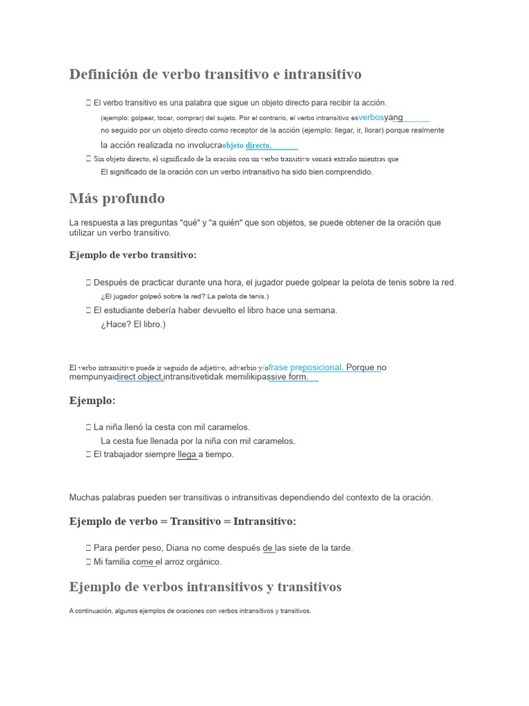 La Definición de Verbo Transitivo e Intransitivo. | PDF | Verbo ...