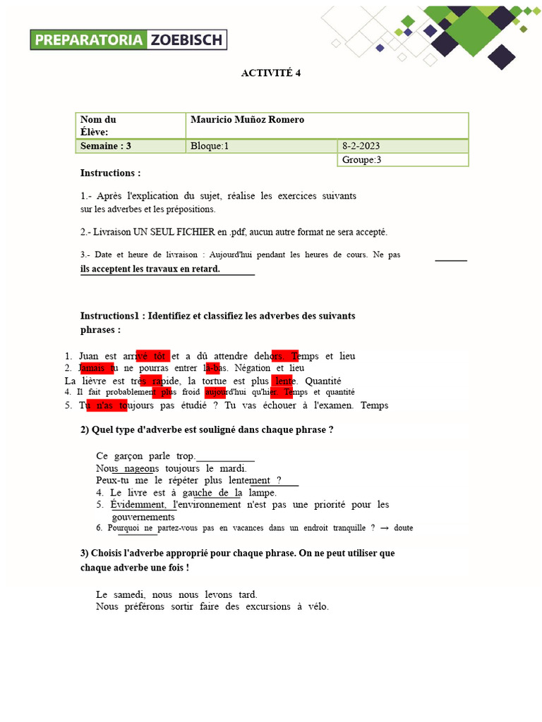 Activité 4 - Adverbes - Prépositions | PDF | Adverbe