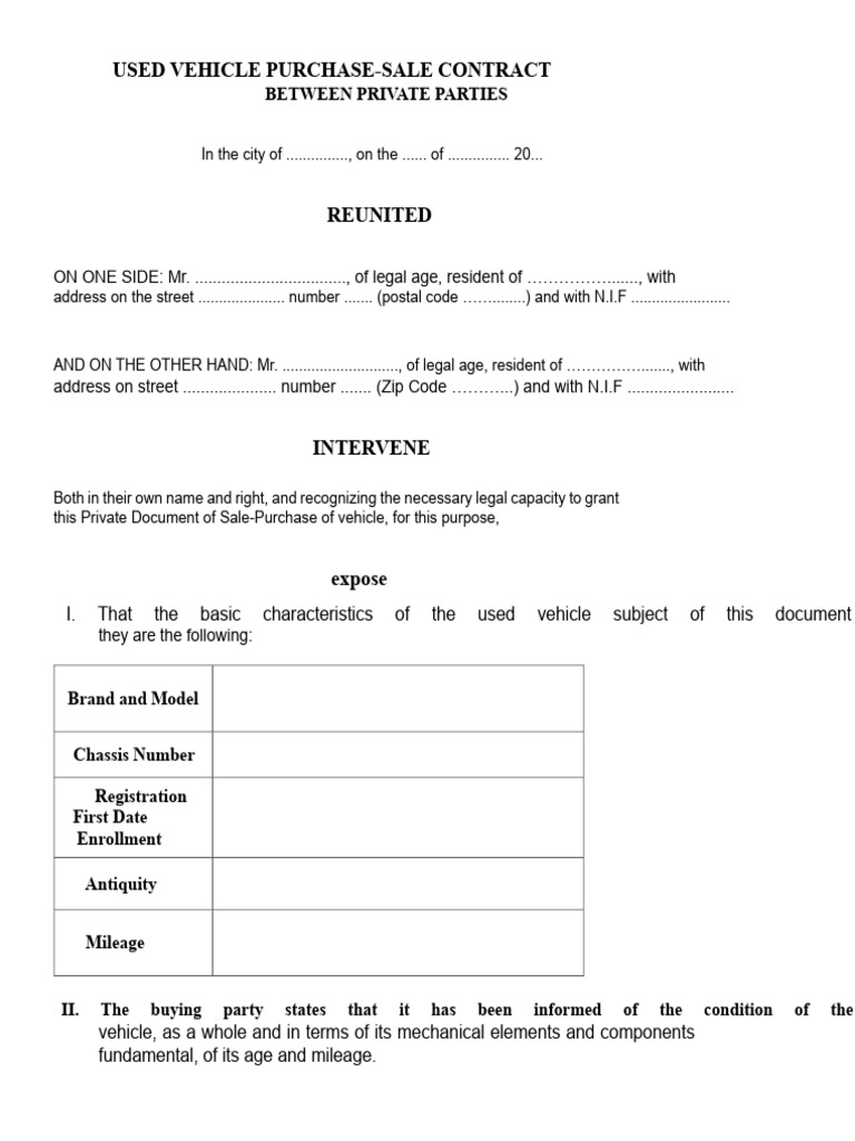 Used Vehicle Sale Contract Template | PDF | Civil Law (Legal System ...