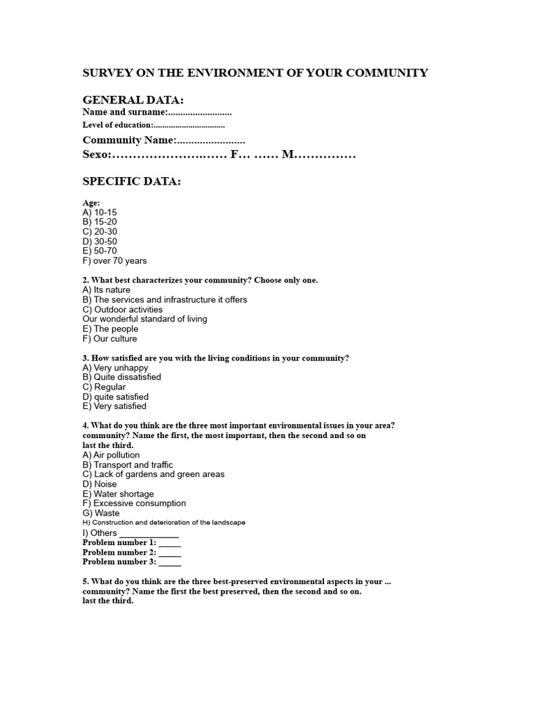 SURVEY ON THE ENVIRONMENT OF YOUR COMMUNITY | PDF | Pollution | Human ...