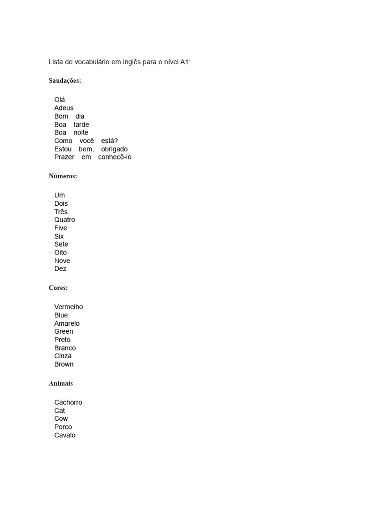 Vocabulário Básico de Inglês A1 | PDF