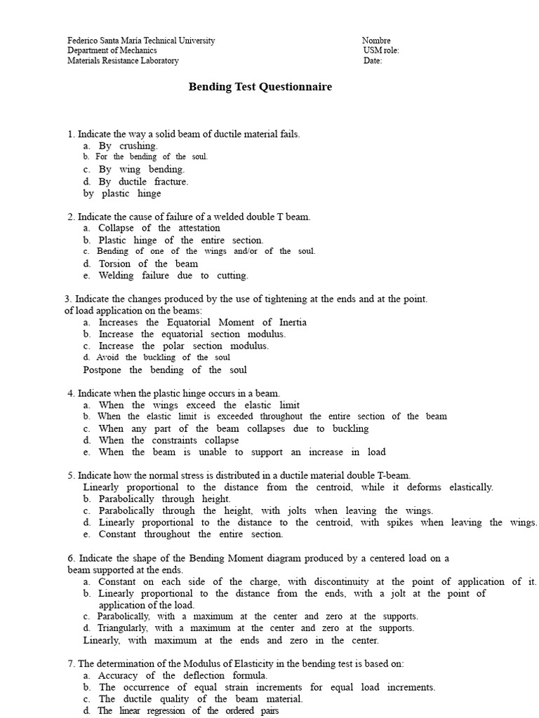 Bending Test Questionnaire for Beams | PDF | Bending | Beam (Structure)