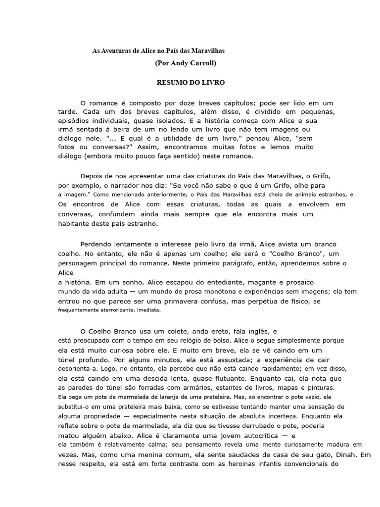Alice No País Das Maravilhas - Resumo Do Livro | PDF | Alice no País das Maravilhas