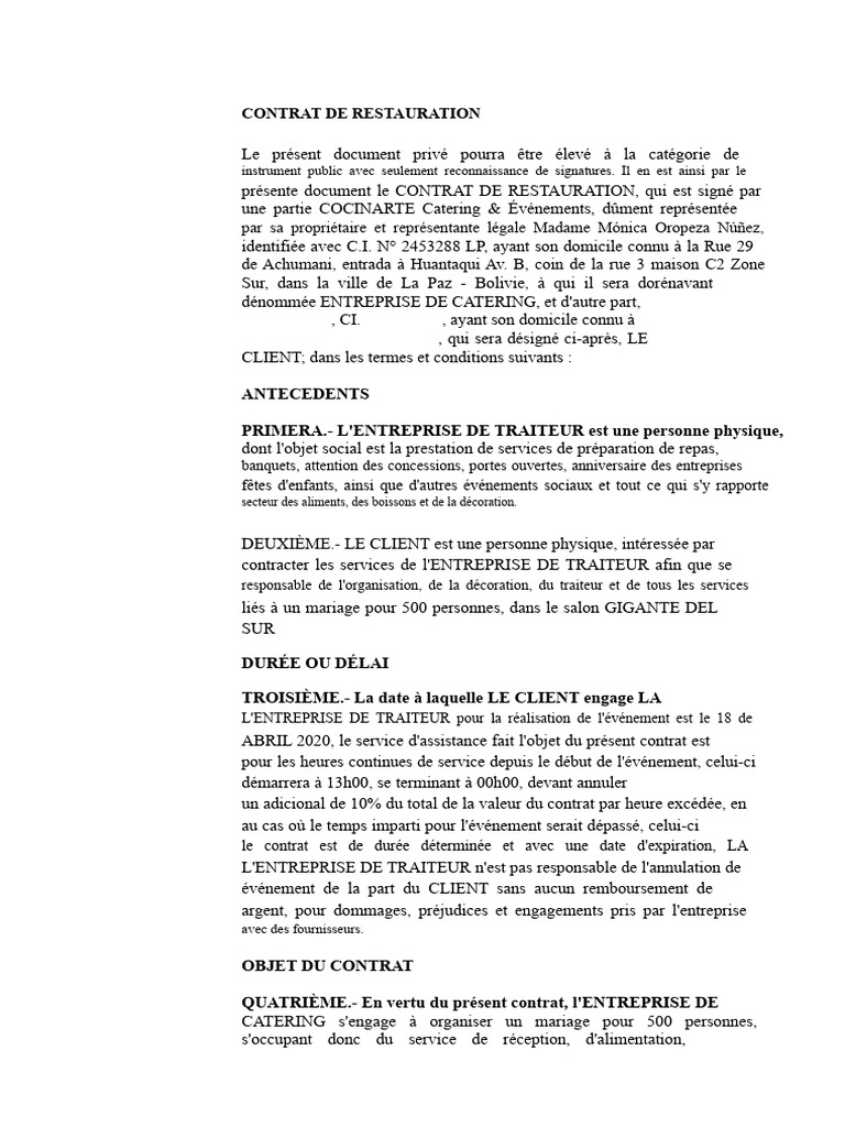 Contrat Traiteur pour Mariage 500 Pers. | PDF | Mariage