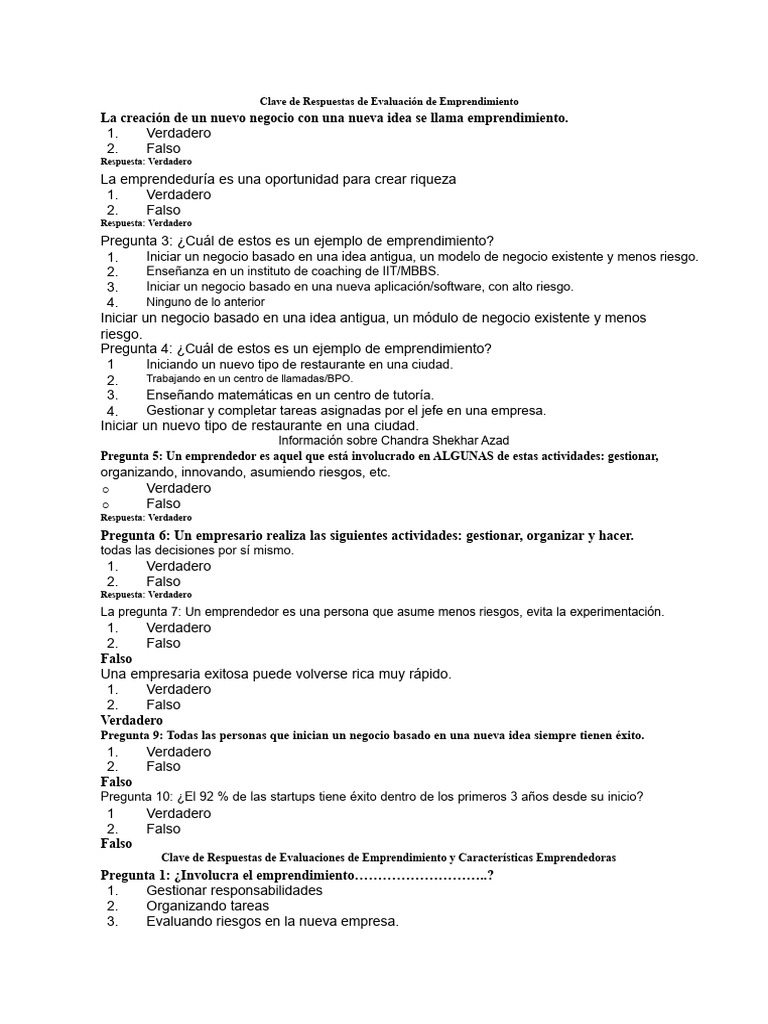 Clave de Respuestas de Emprendimiento | PDF | Iniciativa empresarial ...