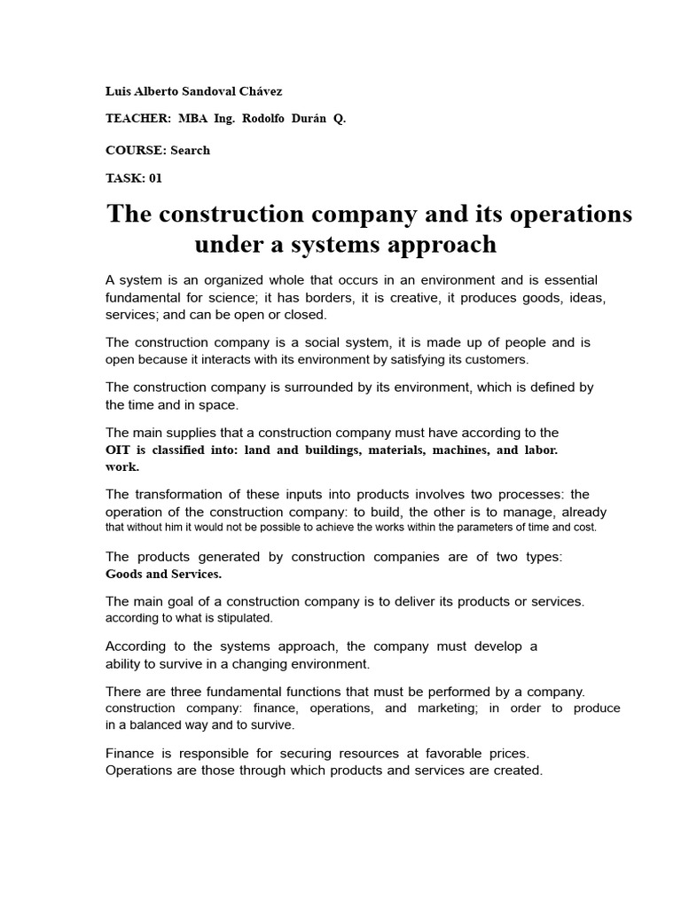 Essay On Construction Company Under The Systems Approach | PDF | Marketing | Procurement