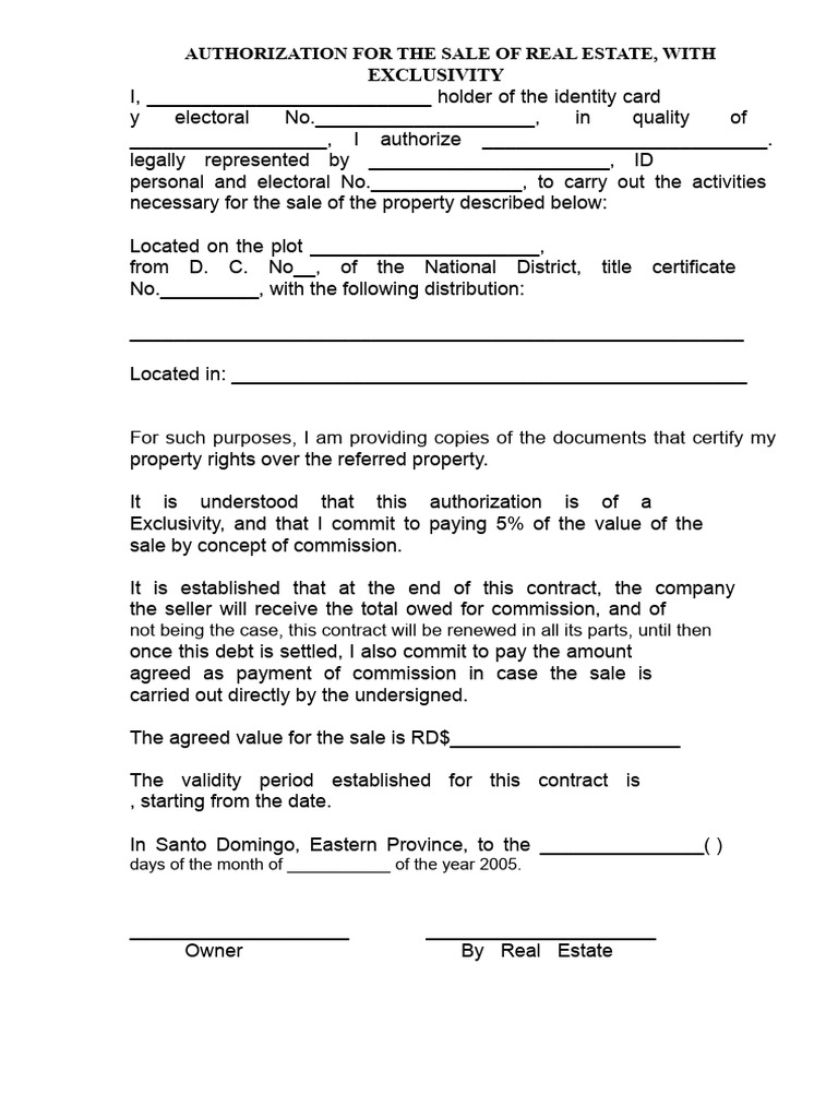 Exclusive Real Estate Sale Authorization | PDF