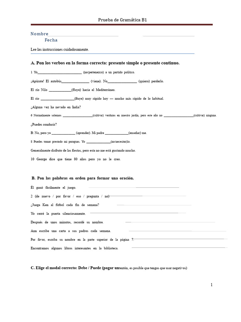 Prueba de gramática B1 | PDF