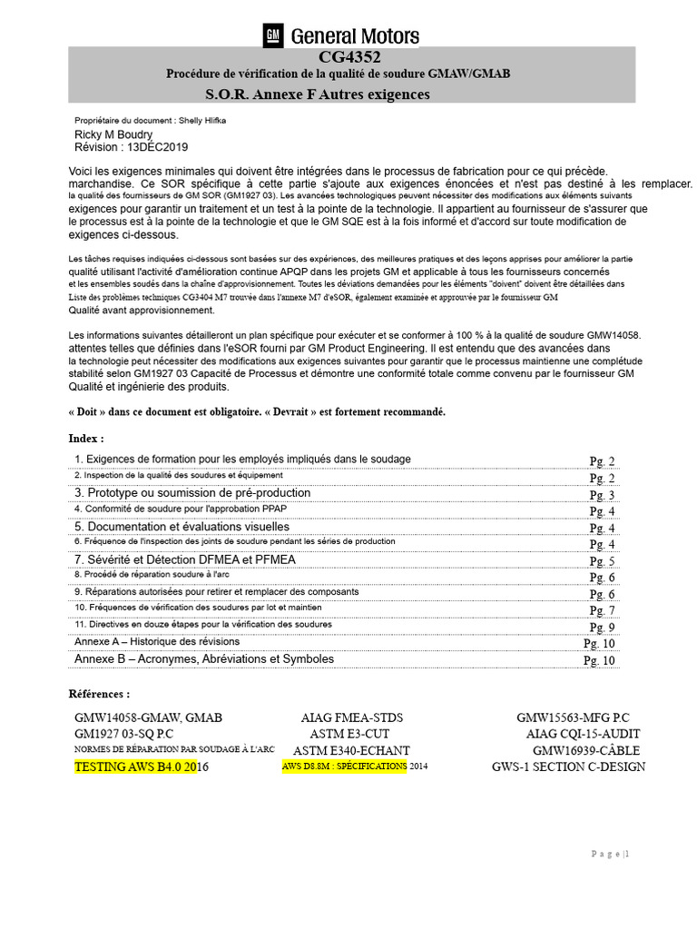 CG4352 GM1927 03a Procédure de Vérification de La Qualité de Soudure Au Gaz, MIG Et Brasage ...