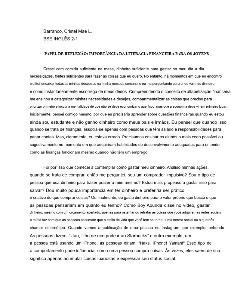 PAPEL DE REFLEXÃO: IMPORTÂNCIA DA LITERACIA FINANCEIRA PARA OS JOVENS ...
