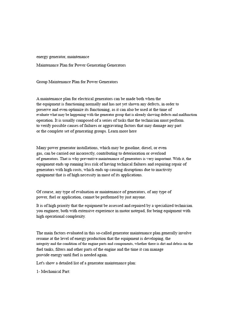 Generator Maintenance Plan Guide | PDF | Electric Generator ...