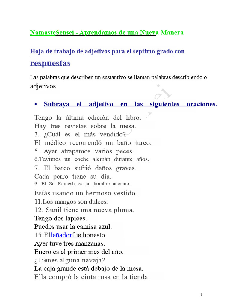 Hoja de Trabajo de Adjetivos 7° Grado | PDF | Adjetivo