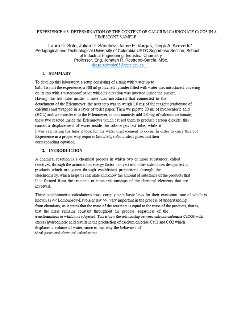 Calcium Carbonate Content in Limestone | PDF | Stoichiometry | Physical ...