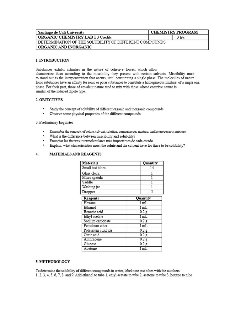 Lab 1. Solubility of Organic and Inorganic Compounds | PDF | Solubility ...