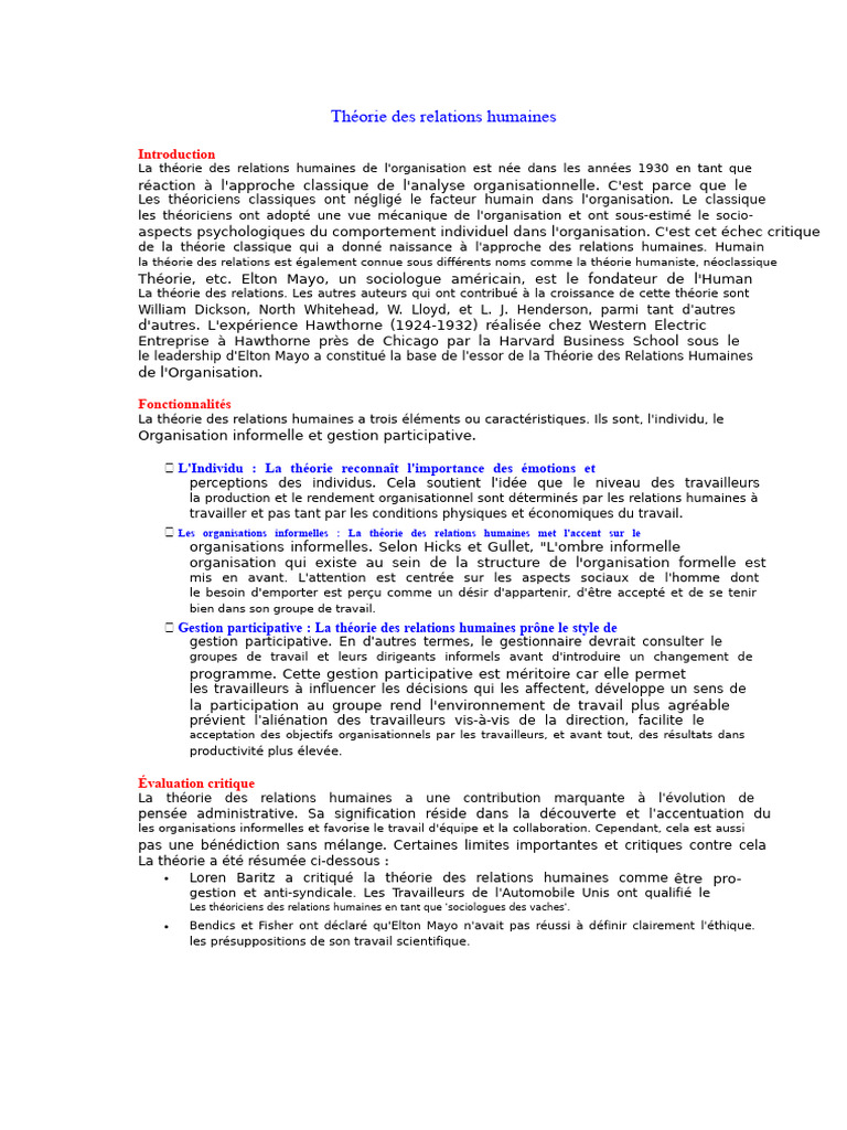 Théorie des relations humaines en management | PDF | Psychologie ...