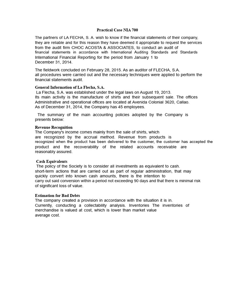 ISA 700 Practical Case | PDF | Audit | Internal Control
