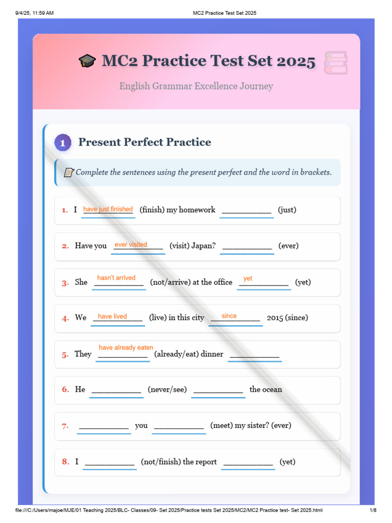 MC2 Practice Test Set 2025 | PDF | Linguistics | Grammar