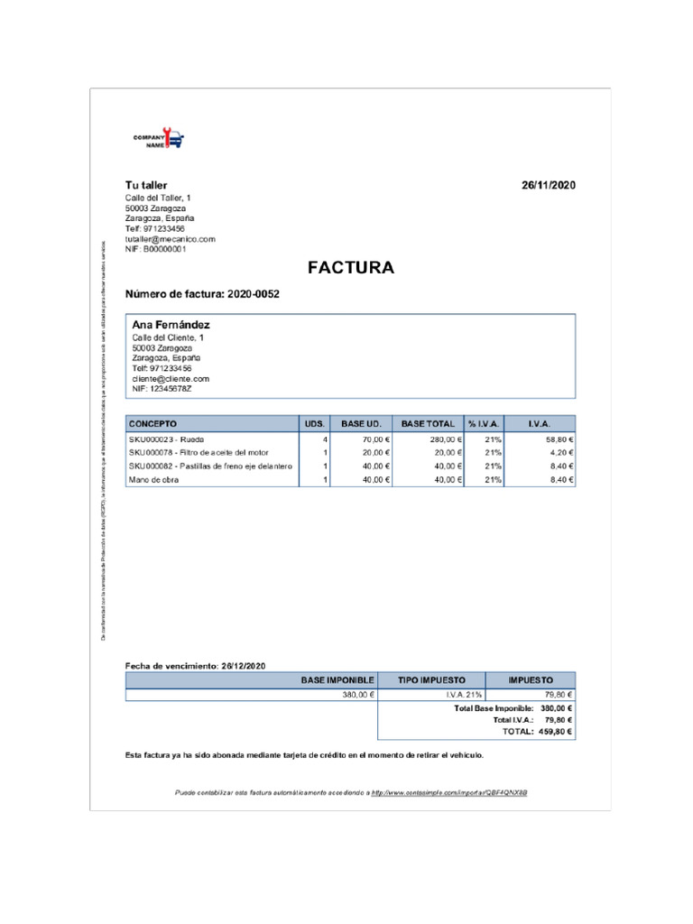 Invoice For Services and Labor Mechanical Workshop Classic | PDF
