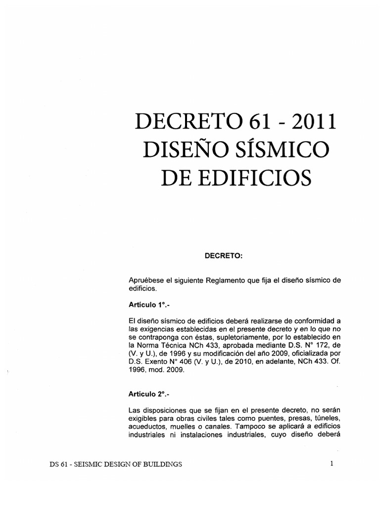 Decree 61 (Chile) (2011) - Seismic Design of Buildings | PDF