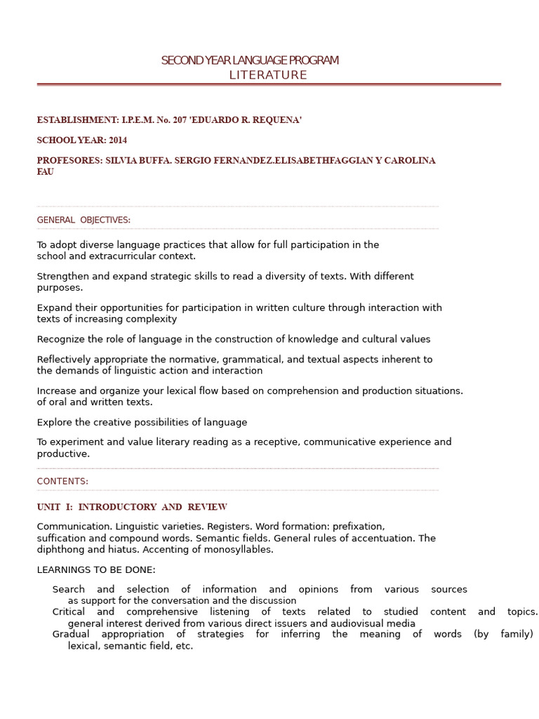 Second Year Language and Literature Program | PDF | Linguistics | Word
