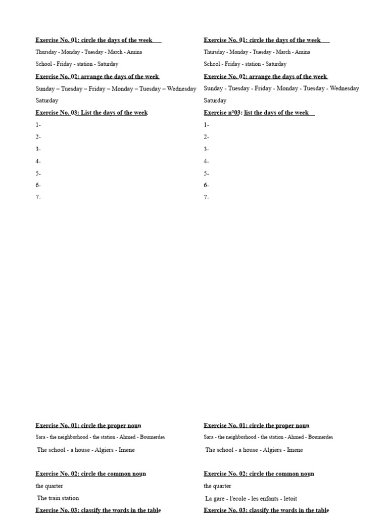 Exercise Common Noun Days of The Week | PDF