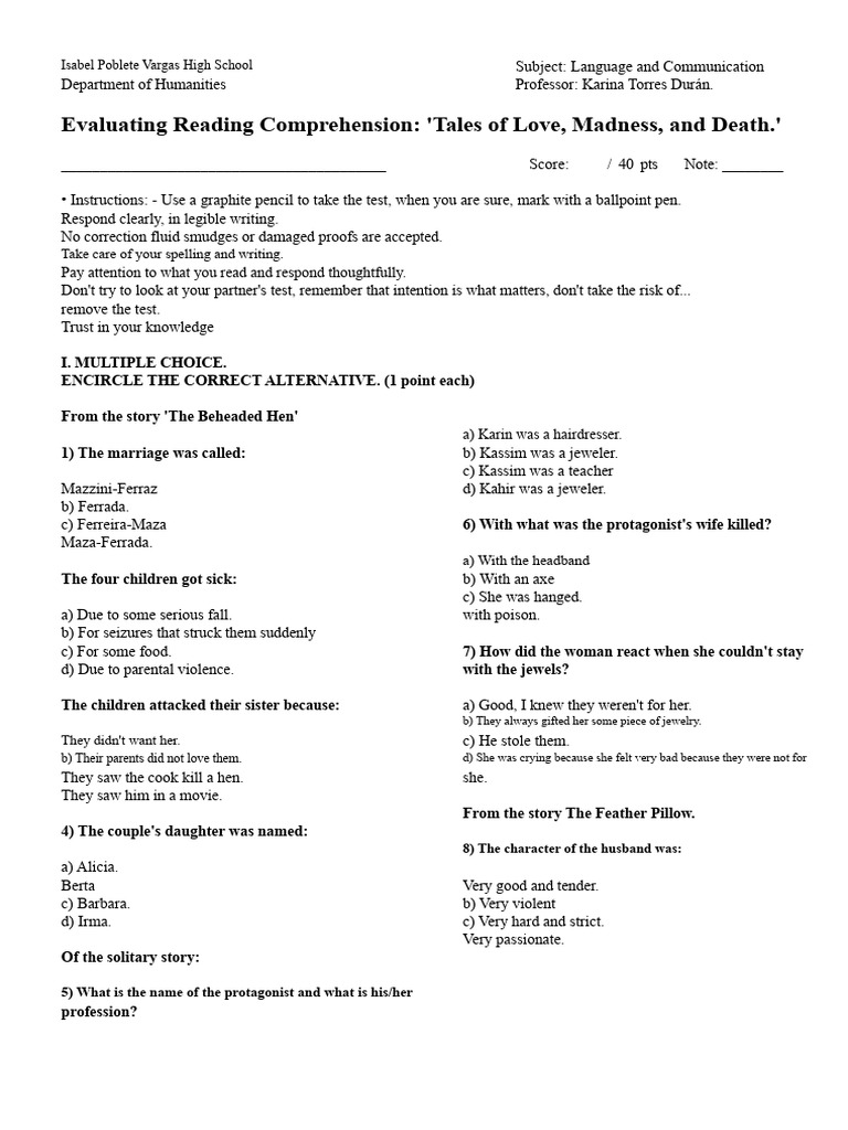 Reading Comprehension Evaluation Test | PDF | Multiple Choice | Reading ...