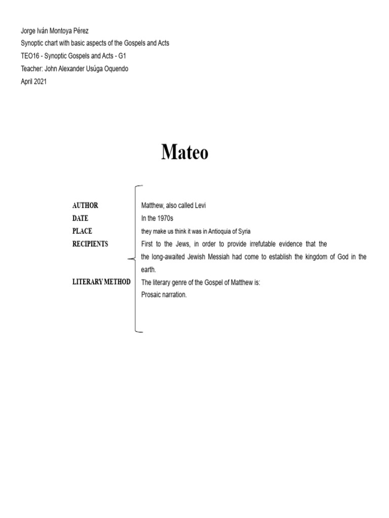 Synoptic Gospels Overview Chart | PDF | Jesus | Gospel Of Matthew