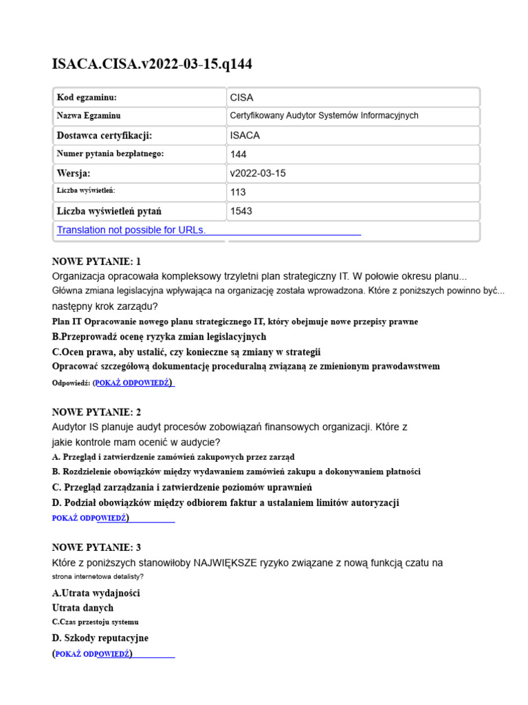 ISACA CISA v2022-03-15 q144 | PDF