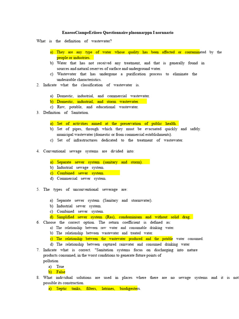 Comprehensive Examination Questionnaire On Sanitary Sewage | PDF ...