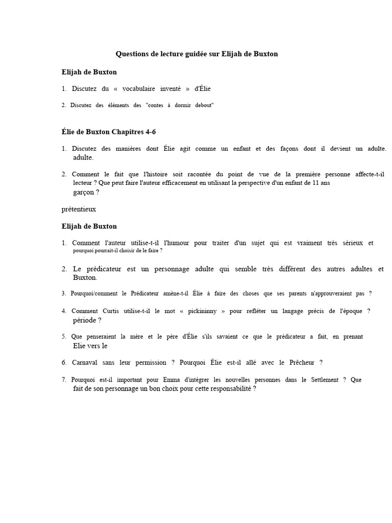 Elijah de Buxton Questions de Lecture Guidée PDF | PDF