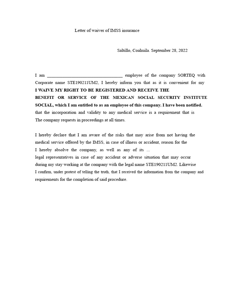 IMSS Insurance Waiver Letter Template | PDF