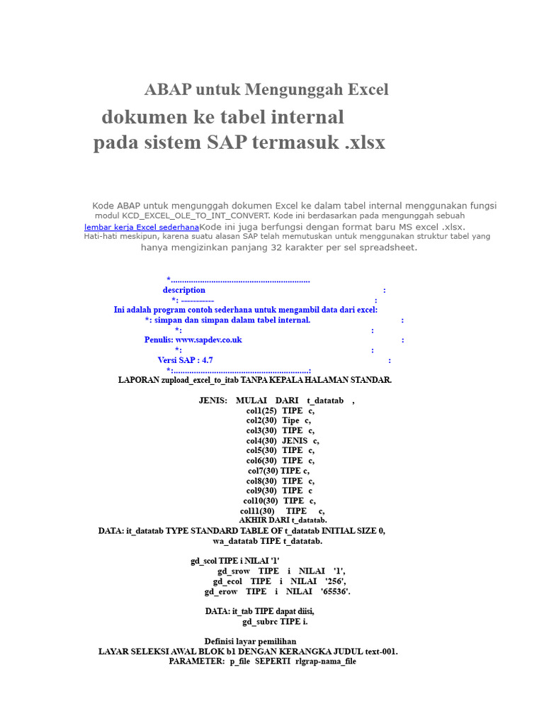 ABAP Untuk Mengunggah Dokumen Excel Ke Dalam Tabel Internal Di Sistem SAP Termasuk | PDF