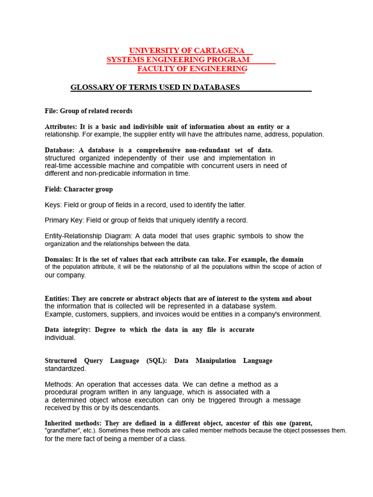 Glossary of Terms Used in Databases | PDF | Data Model | Databases