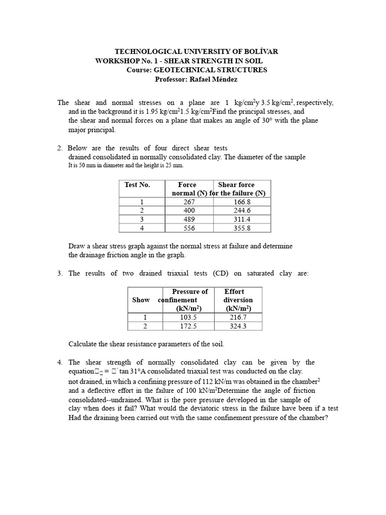 Workshop No. 1 - Shear Resistance in Soil | PDF | Mechanics | Applied And Interdisciplinary Physics